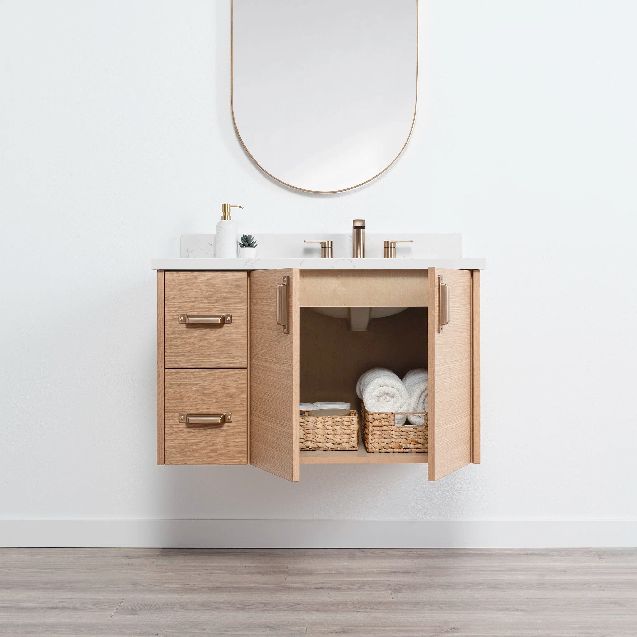 Ashbury 36" Wall Mount Natural White Oak Bathroom Vanity, Right Sink ...