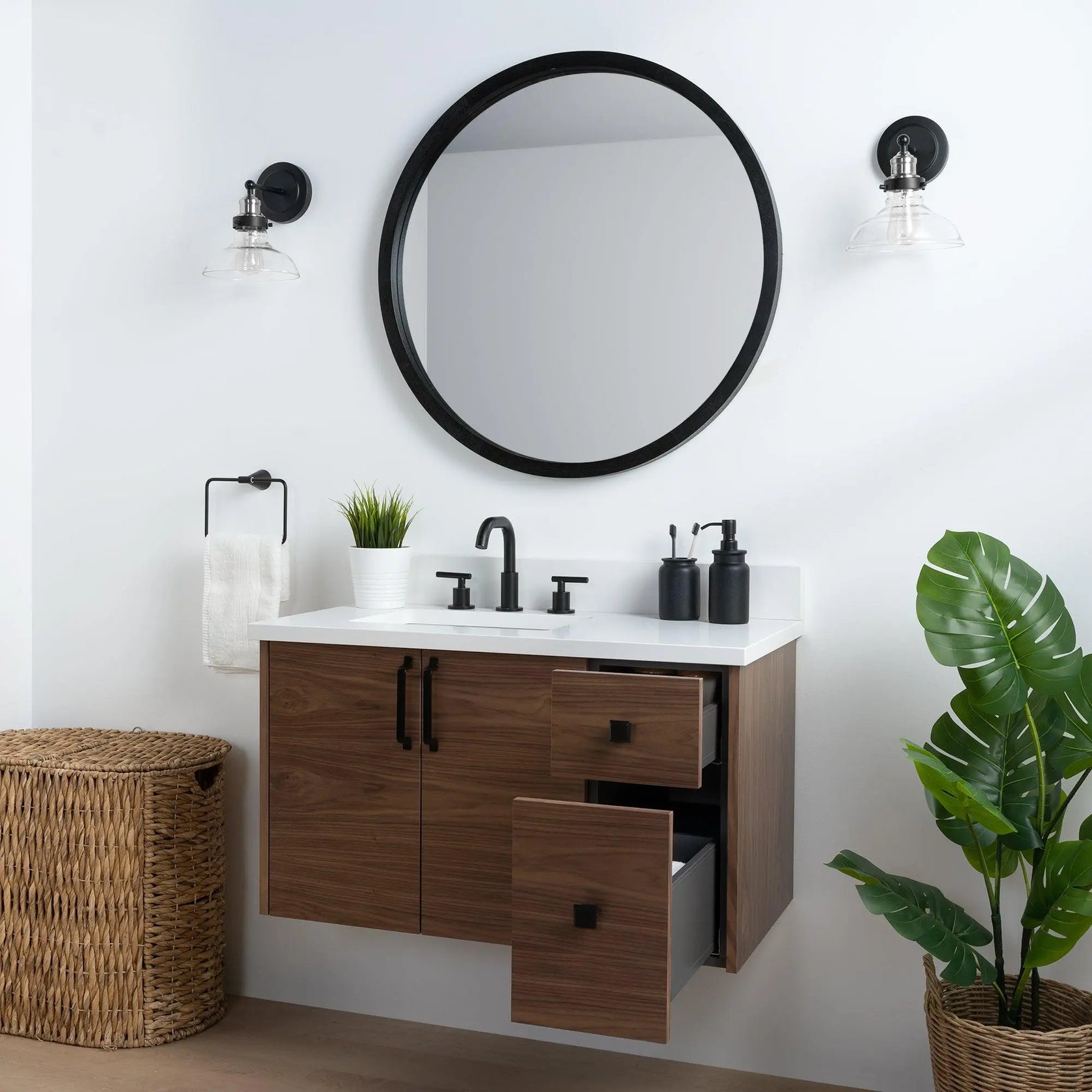 Austin SLIM 36" Wall Mount American Black Walnut Bathroom Vanity, Left ...