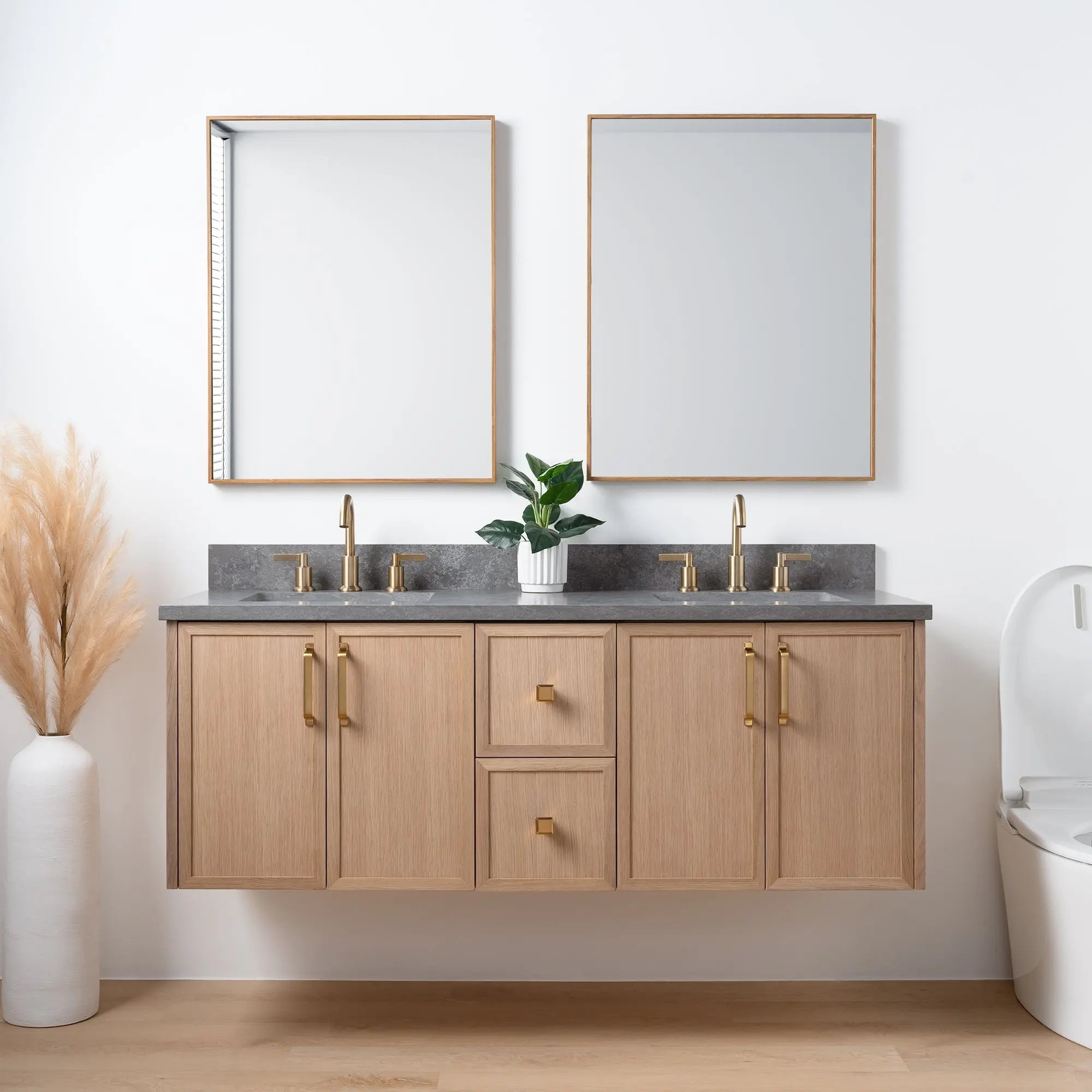 Cape Breton 60" Wall Mount White Oak Bathroom Vanity, Double Sink ...
