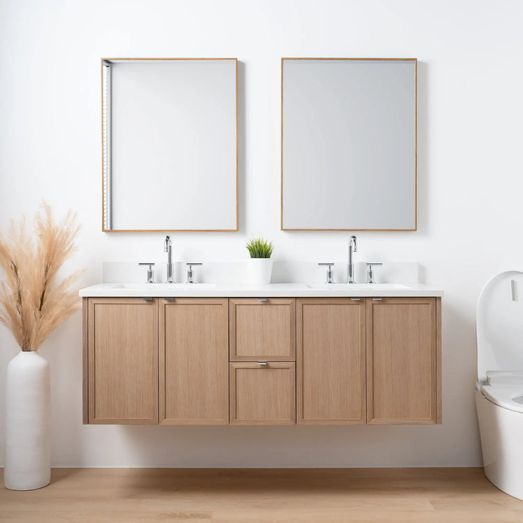 Cape Breton 60" Wall Mount White Oak Bathroom Vanity, Double Sink ...